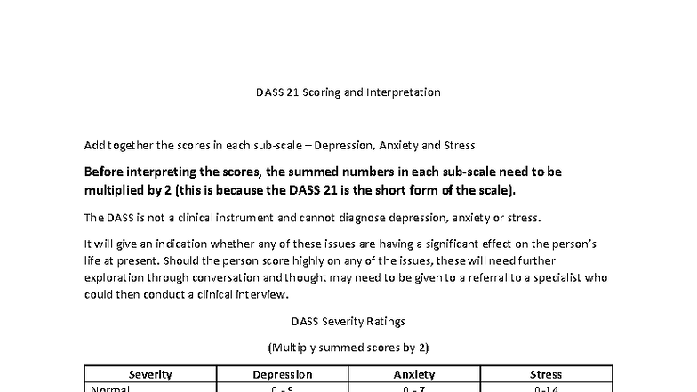 DASS 21 Scoring & Interpretation Guide for Depression, Anxiety, Stress ...