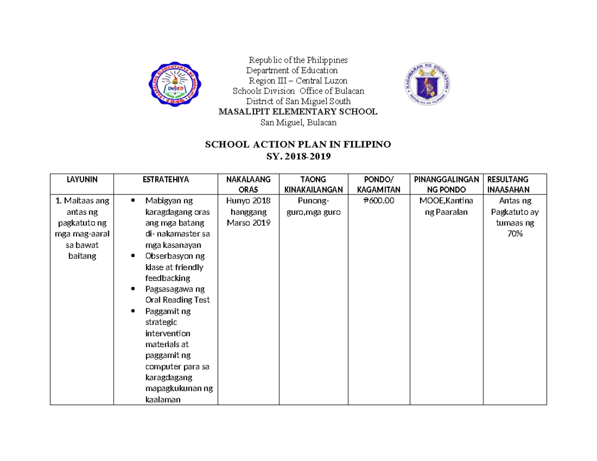 Action plan Filipino - Republic of the Philippines Department of ...