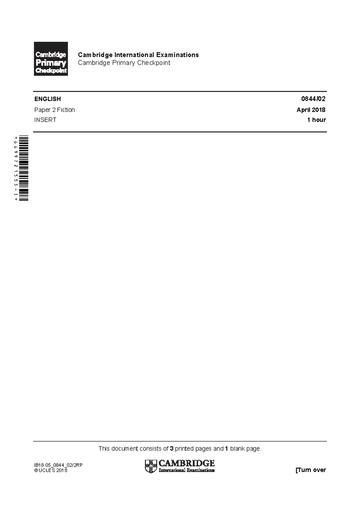 Cambridge Primary Checkpoint ENGLISH Paper 2 Fiction Insert - April ...