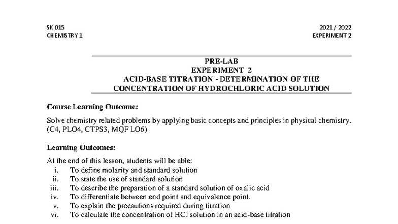 SK 015 CHEMISTRY 1 2021-2022 EXP 2: Titration of HCl Solution - Studocu