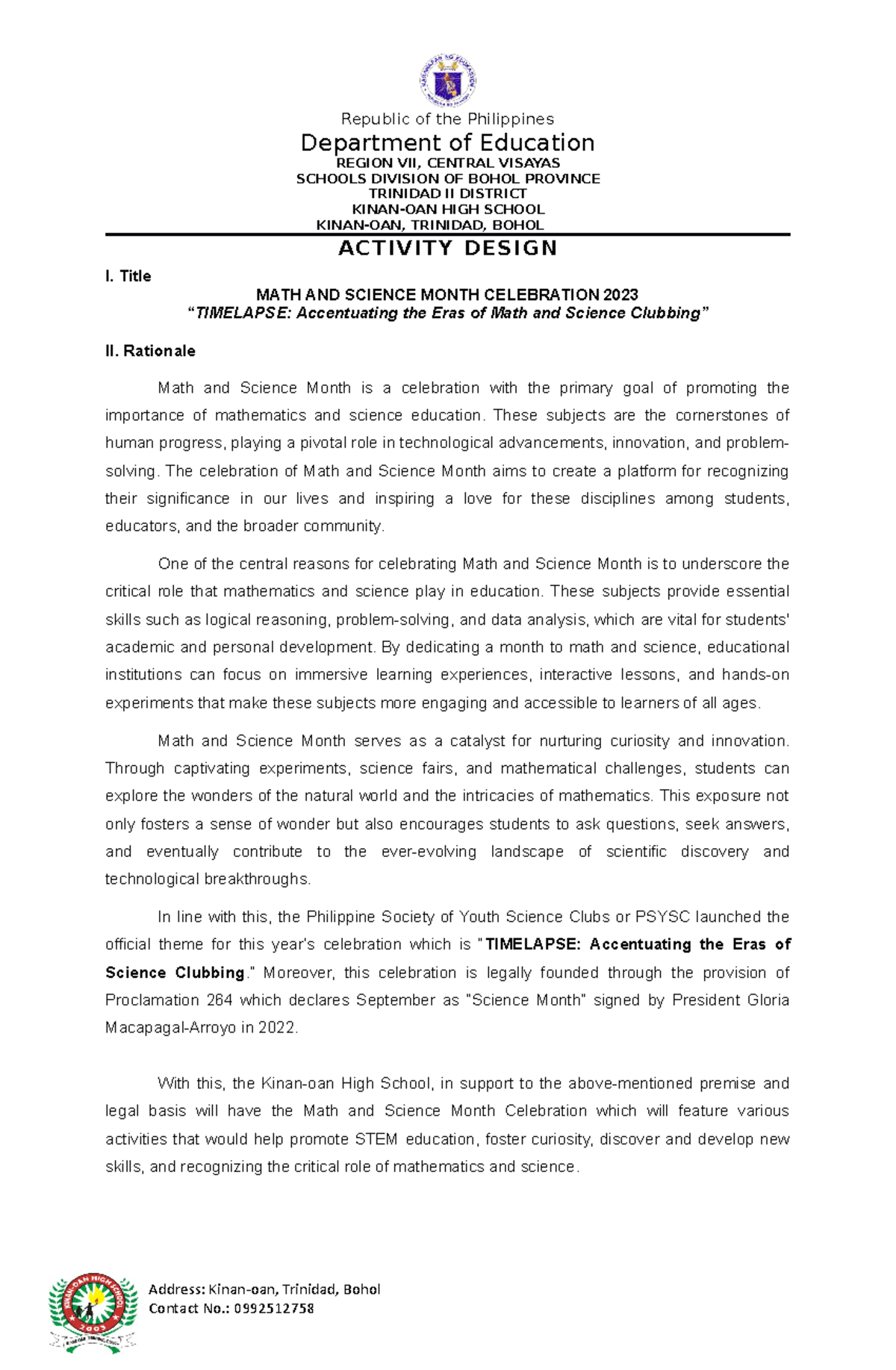 Math-Sci Month Celebration 2023 Activity Design and Objectives - Studocu