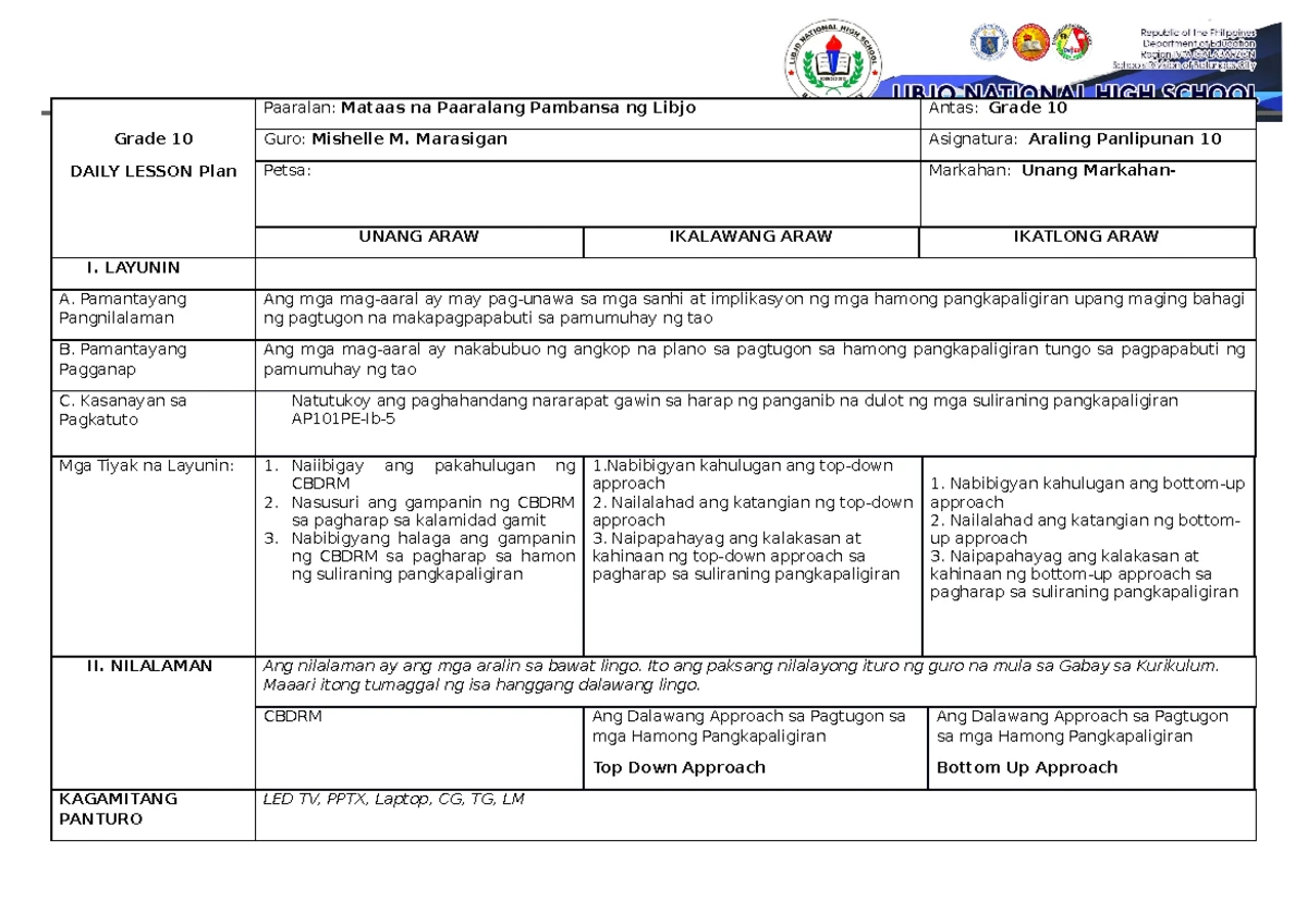 Ap new dlp q1 week 8 - dll - Grade 10 DAILY LESSON Plan Paaralan: Mataas na Paaralang Pambansa ...