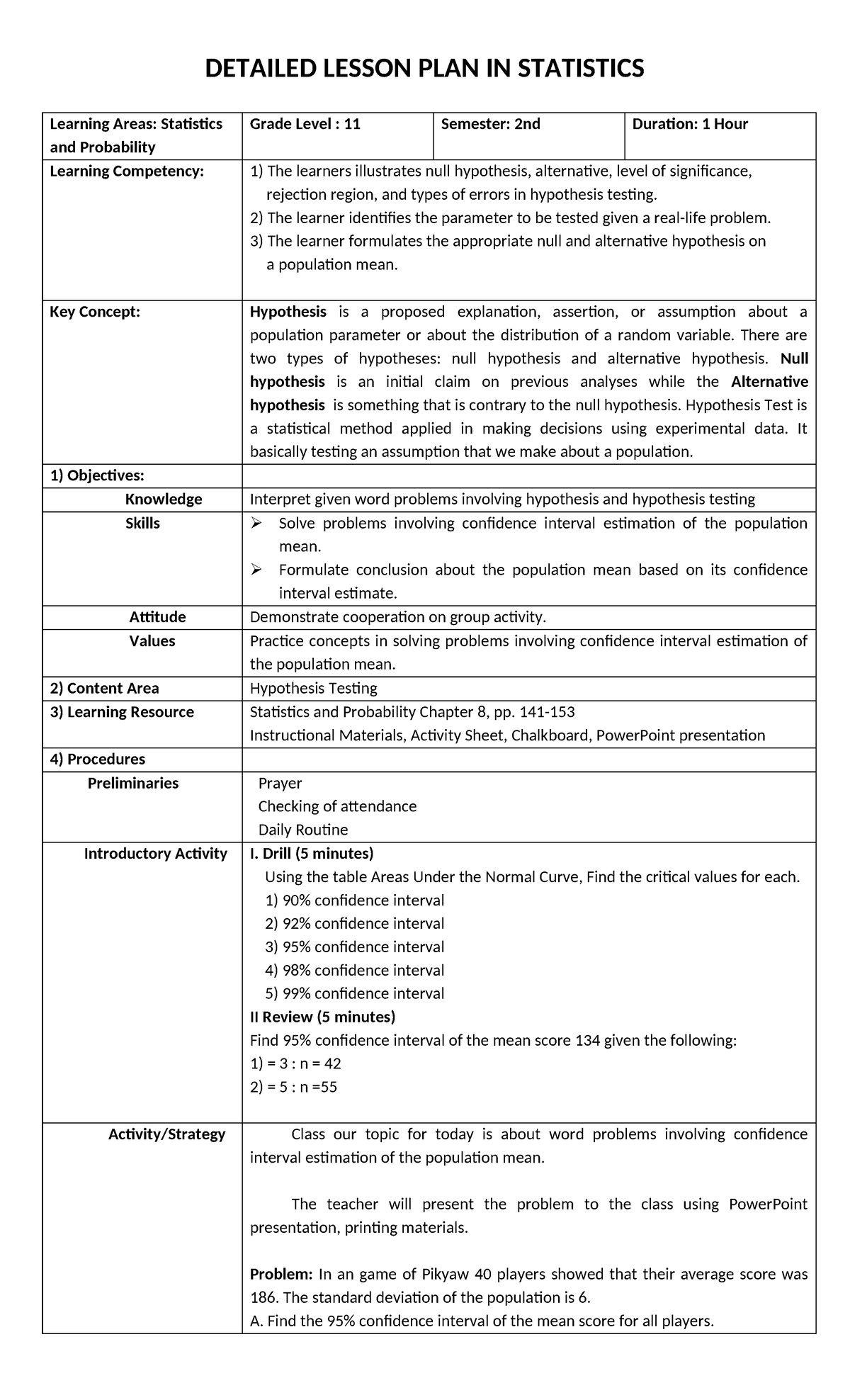 Detailed Lesson Plan in Statistics: Hypothesis Testing (Grade 11) - Studocu