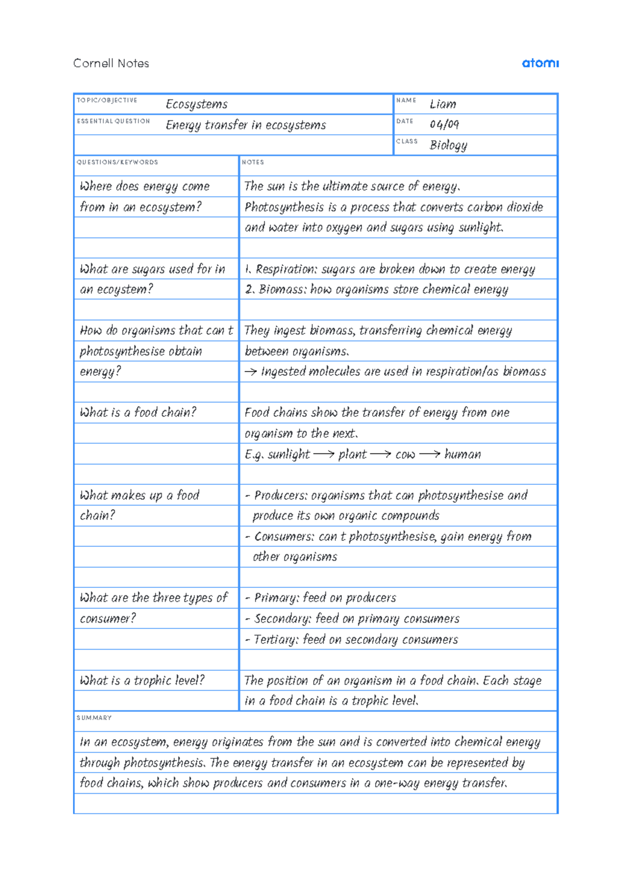 Cornell Notes: Energy Transfer in Ecosystems - Biology Class - Studocu