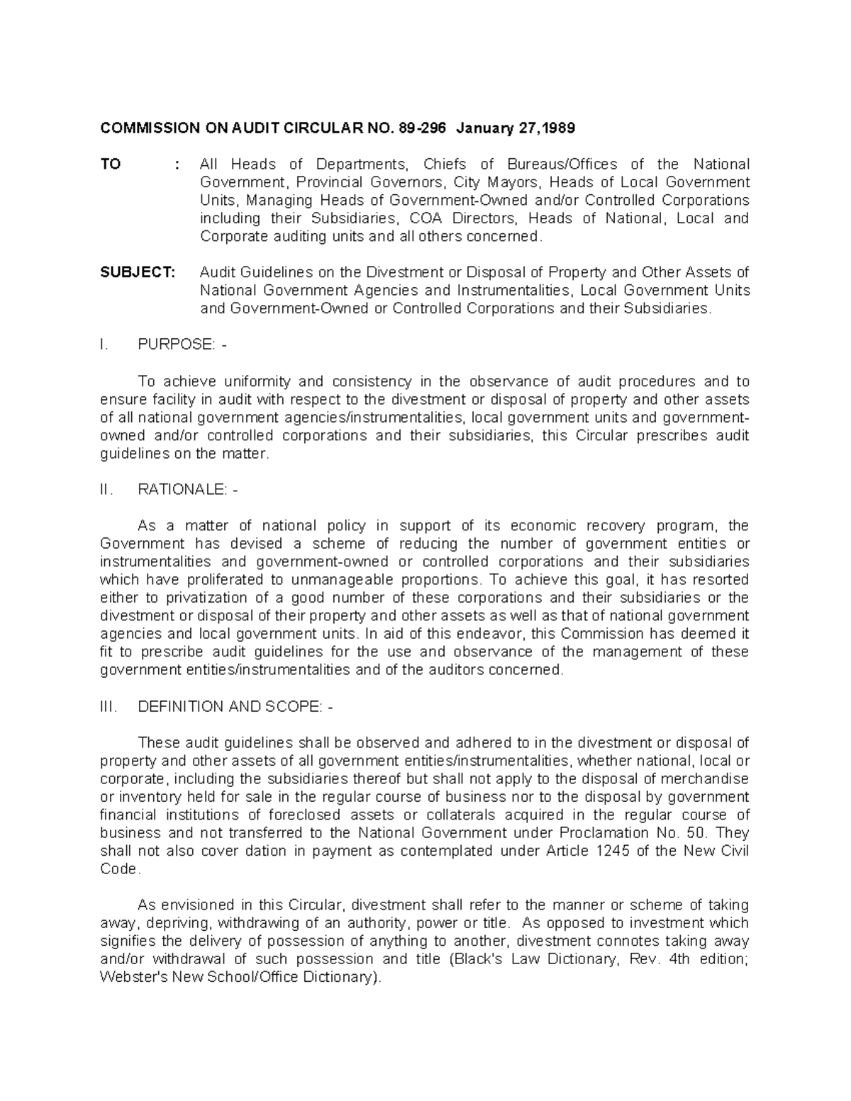COA- Circular NO. 89-296: Audit Guidelines for Property Disposal - Studocu