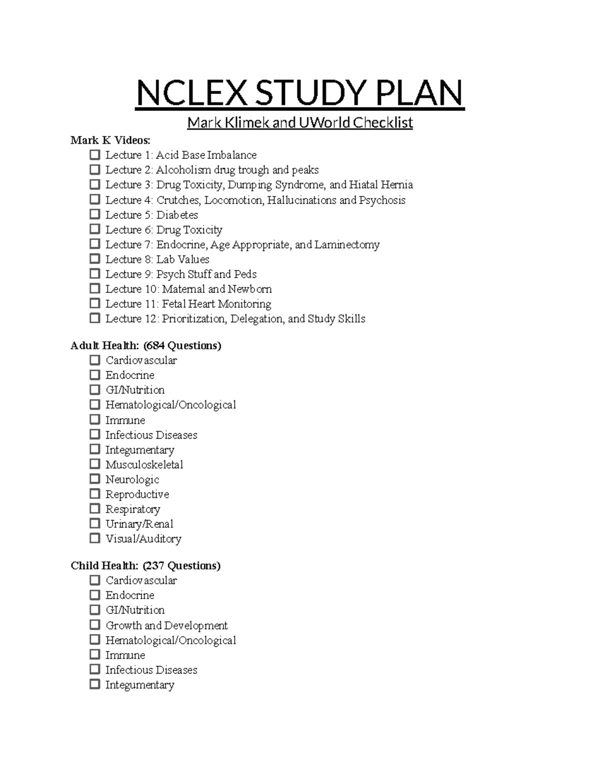 NCLEX Study Plan: Comprehensive Review Checklist and Resources - Studocu