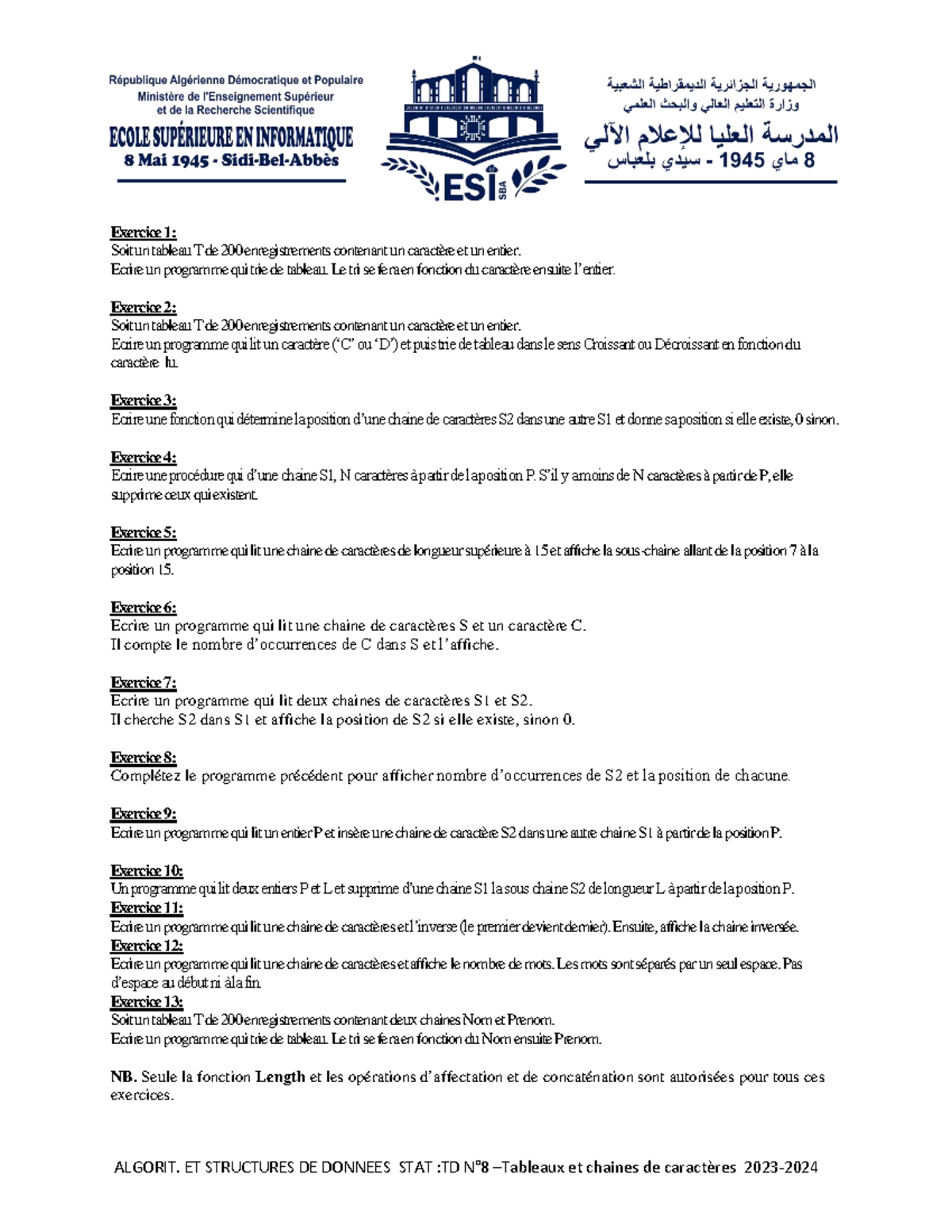 TD 8: Exercices sur les Algorithmes et Structures de Données S1 2023-2024 - Studocu
