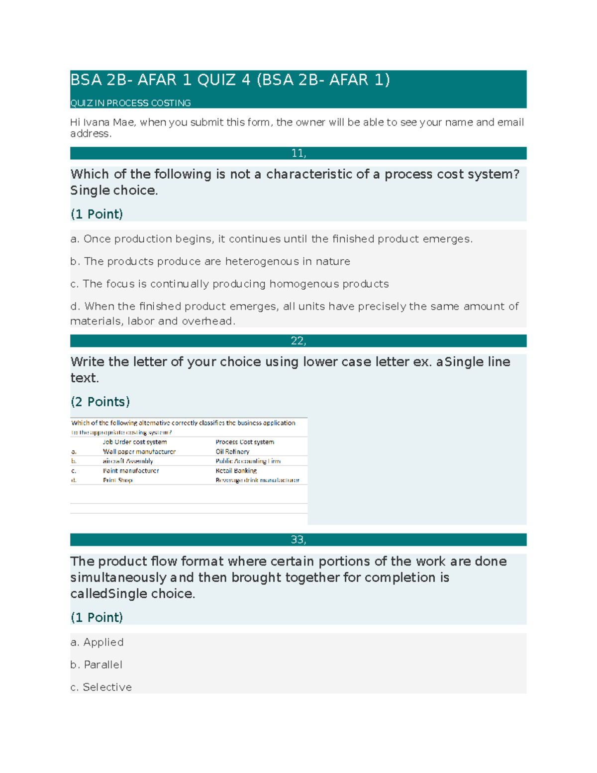 Process Costing Quiz - Quiz pc - BSA 2B- AFAR 1 QUIZ 4 (BSA 2B- AFAR 1 ...