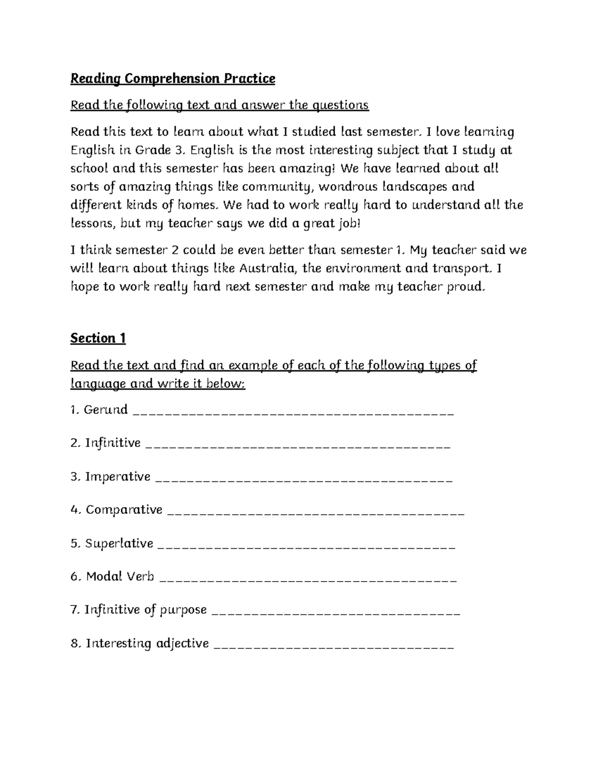 Grade 3 English Reading Comprehension Practice - Semester 1 - Studocu