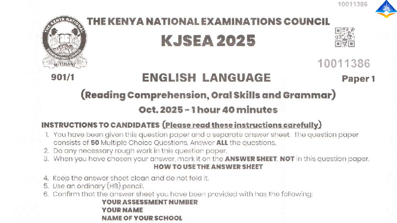 ENG 10011386 KJSEA 2025 English Language Paper 1 Exam Guide - Studocu