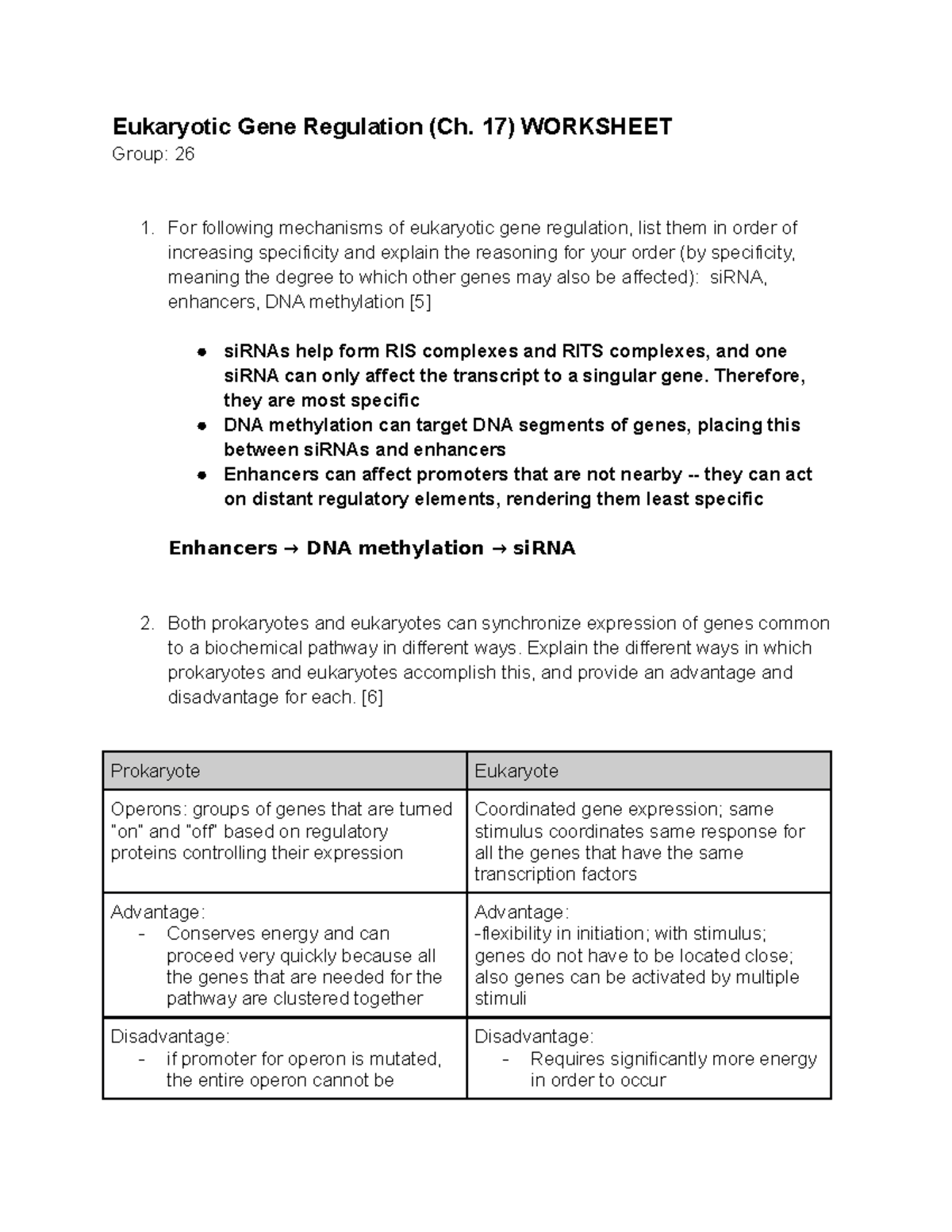 Group 26 - Eukaryotic Gene Regulation (Ch. 17) Worksheet Analysis - Studocu