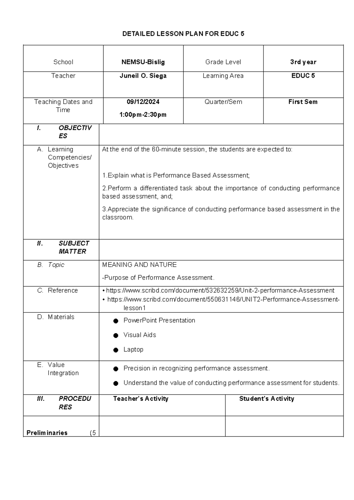 DETAILED LESSON PLAN FOR EDUC 5: Performance Assessment Strategies ...