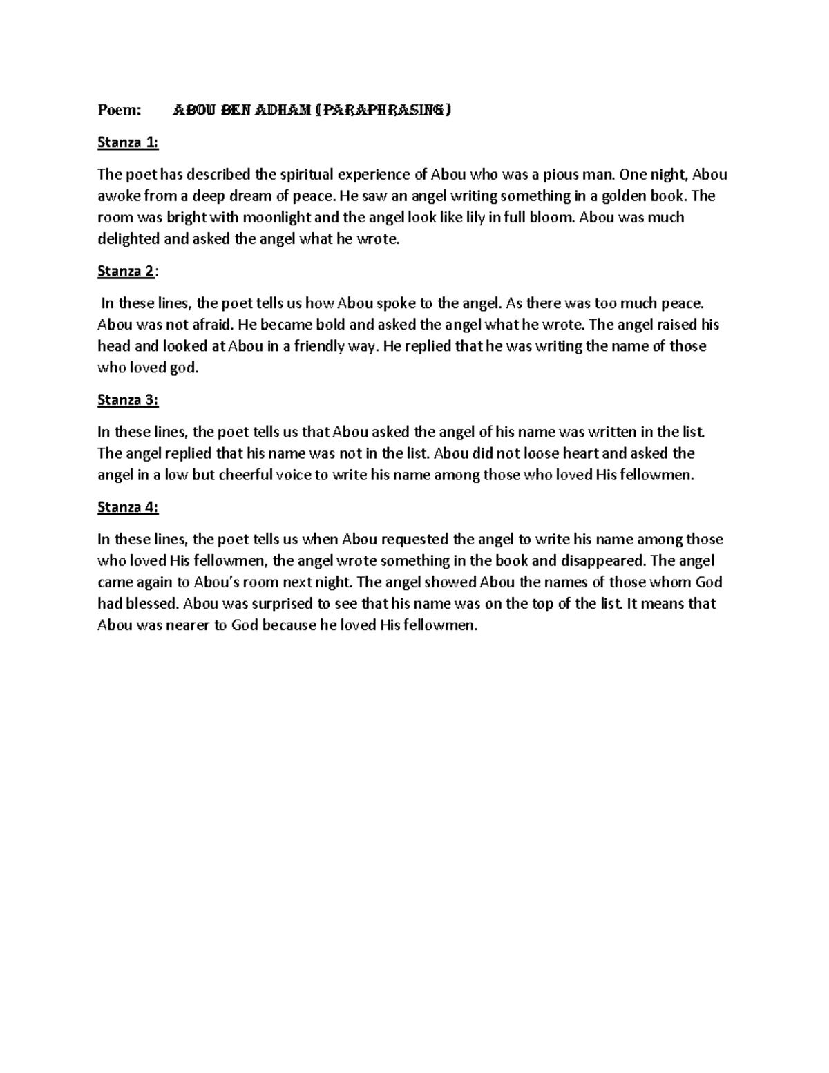 Paraphrasing Poem: Abou Ben Adham Analysis and Insights - Studocu