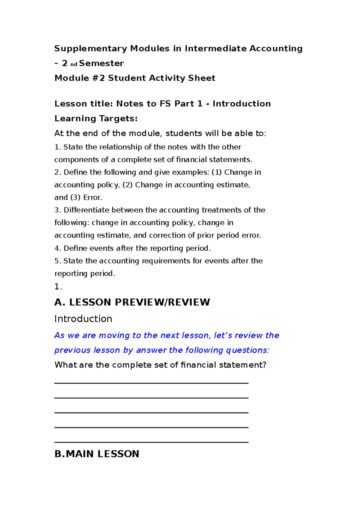 PH002-Intermediate Accounting M2: Notes to FS Part 1 - Intro - Studocu