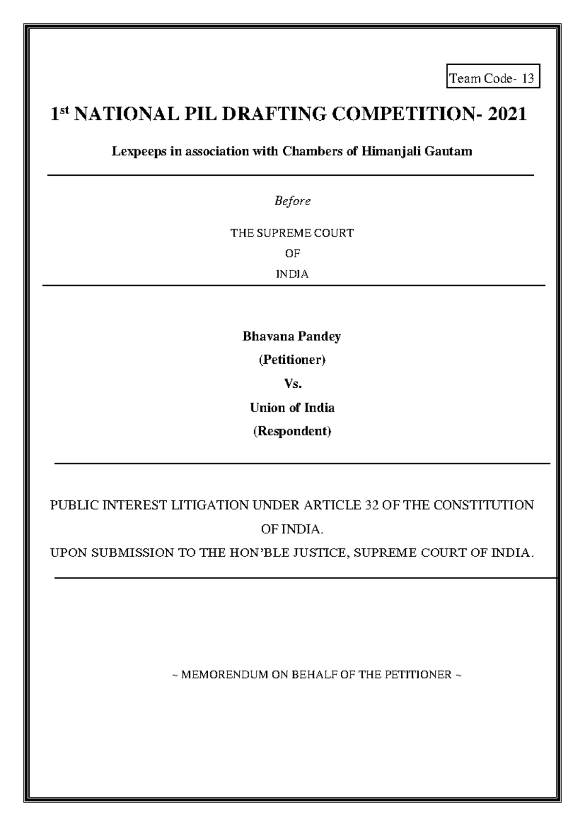 NATIONAL PIL DRAFTING COMPETITION 2021: Sample Submission Document ...