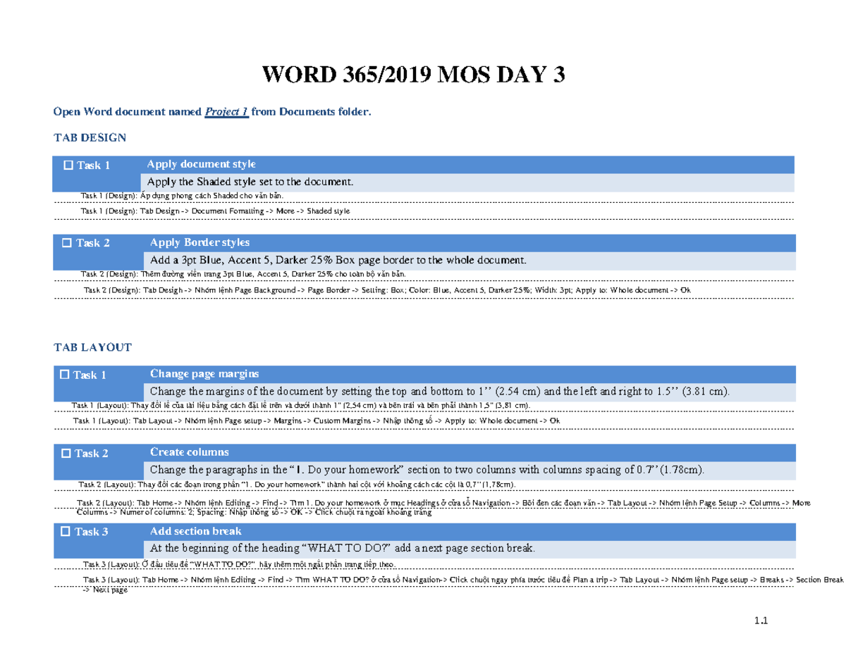 DAY 3 - 1. WORD 365/2019 MOS DAY 3 Open Word document named Project 1 ...