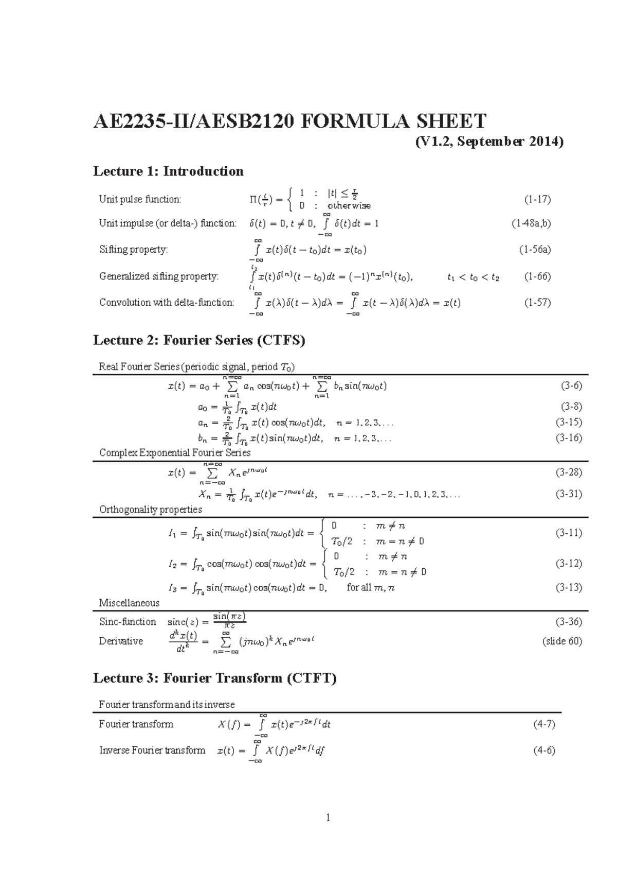 AESB2120 Formula Sheet | Instrumentation & Signals Lectures Overview ...