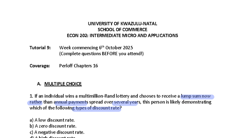 ECON 202: Intermediate Micro & Applications - Tutorial 9 Notes - Studocu