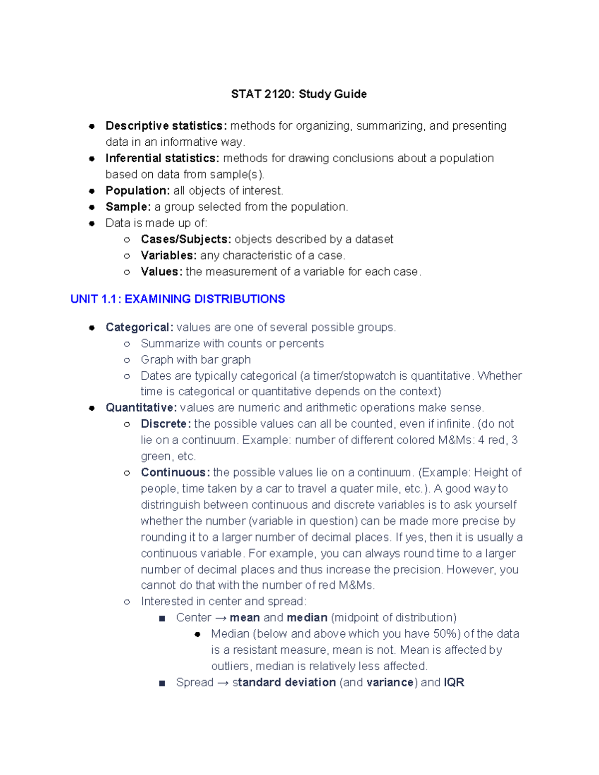 STAT 2120 Final Study Guide - STAT 2120: Study Guide Descriptive statistics: methods for - Studocu