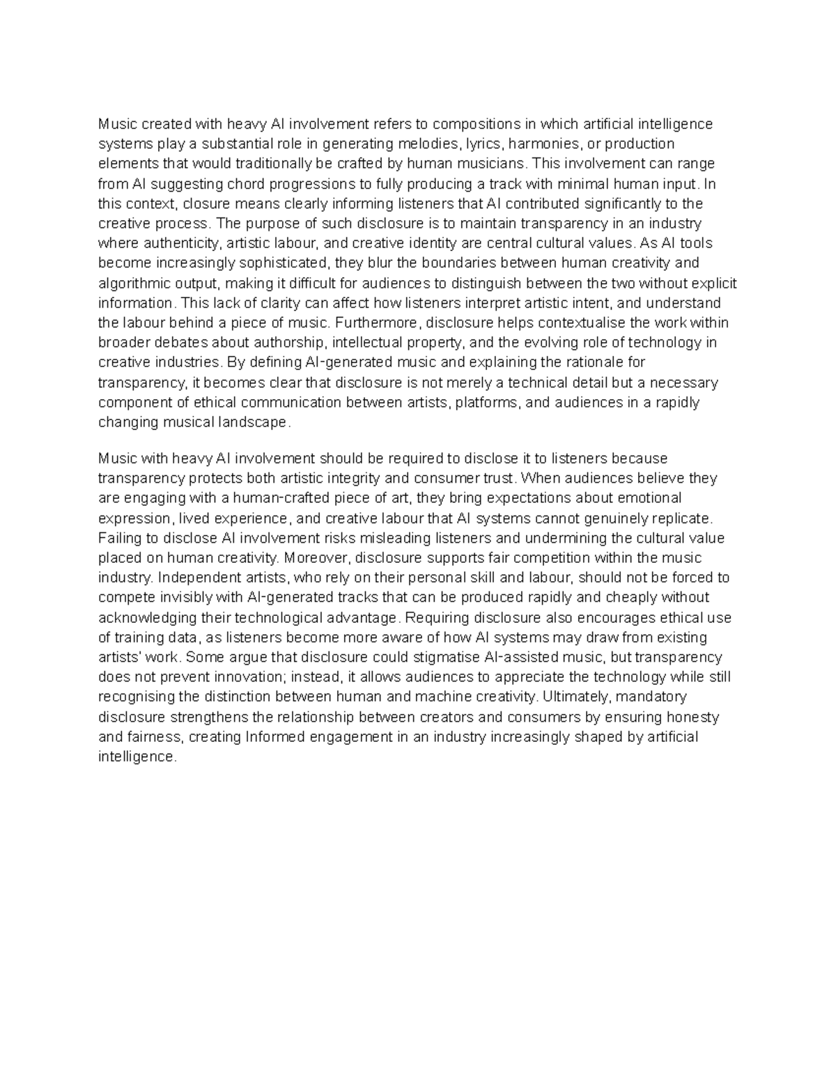 AI Involvement in Music: The Need for Transparency and Disclosure - Studocu