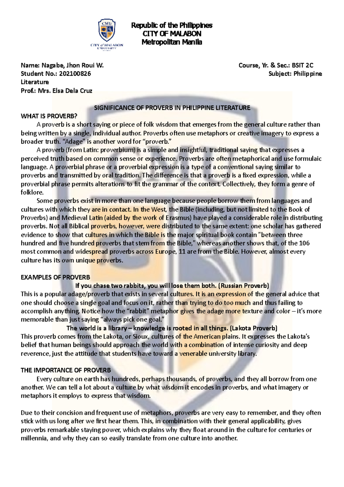 Significance of Proverb in Phil Lit - Republic of the Philippines CITY ...