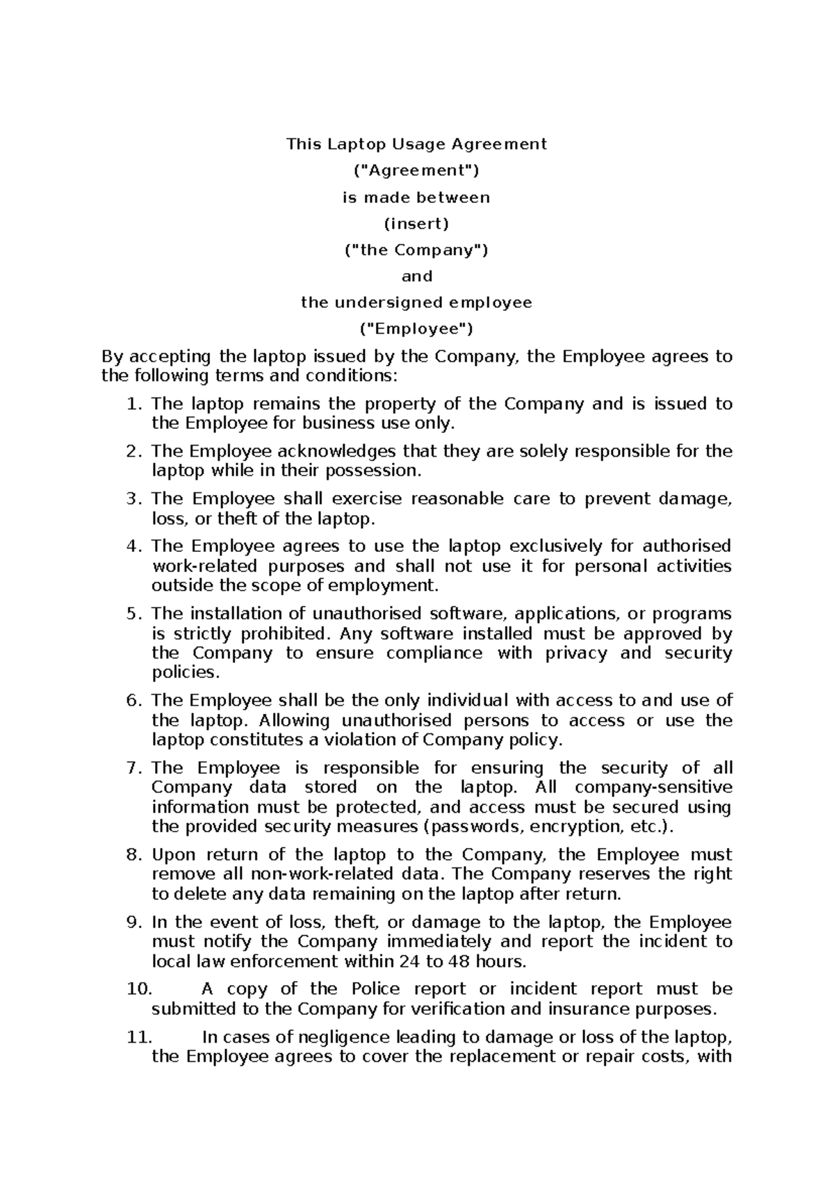 Laptop Usage Agreement: Employee Responsibilities and Company Policies ...
