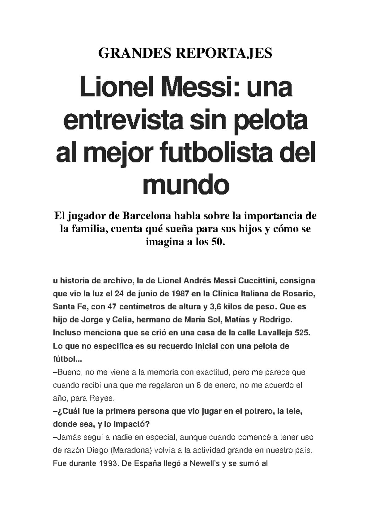 Entrevista a Lionel Messi: Reflexiones del Futbolista Estrella - Studocu