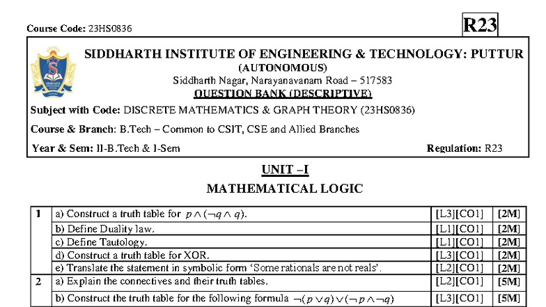 23HS0836 Discrete Mathematics & Graph Theory Question Bank (Descriptive ...