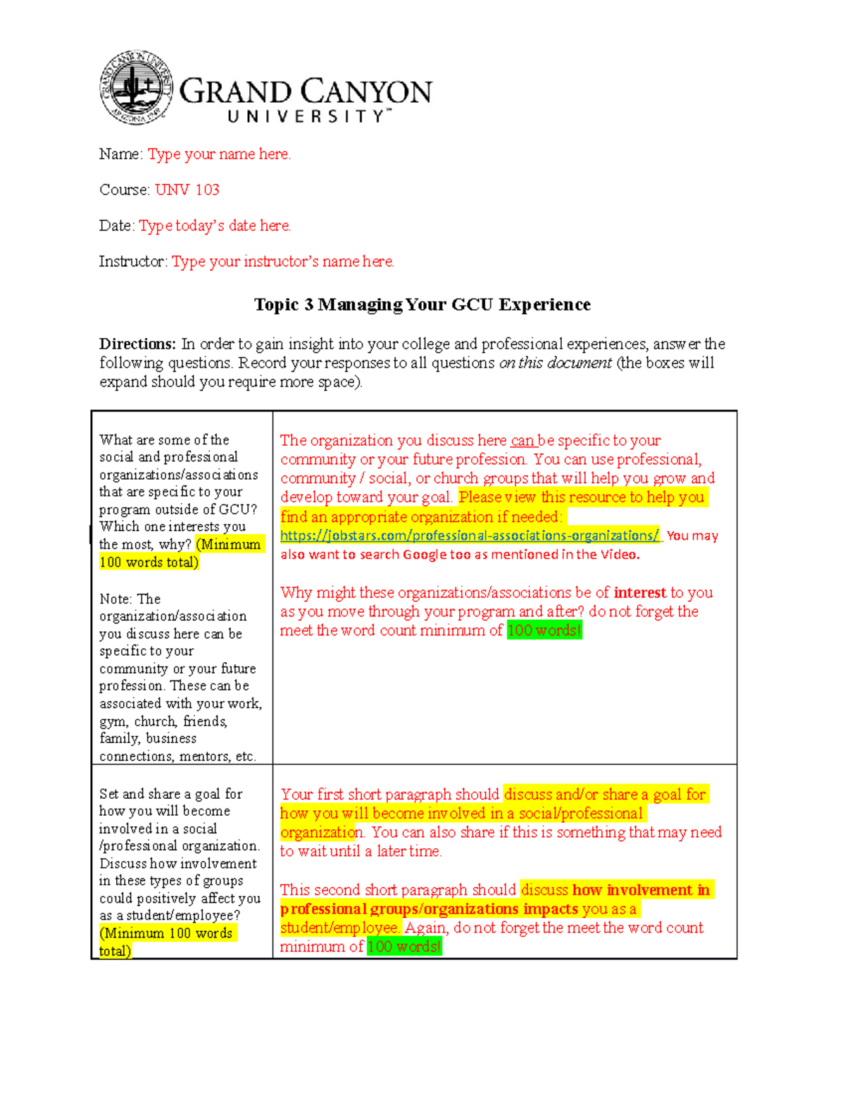 UNV 103 Topic 3 - Managing Your GCU Experience Worksheet Guide - Studocu