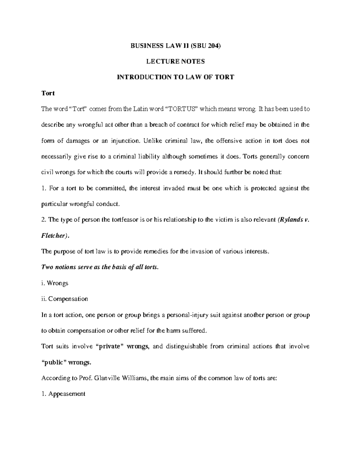 BUSINESS LAW II (SBU 204) LECTURE NOTES ON TORT LAW - Studocu