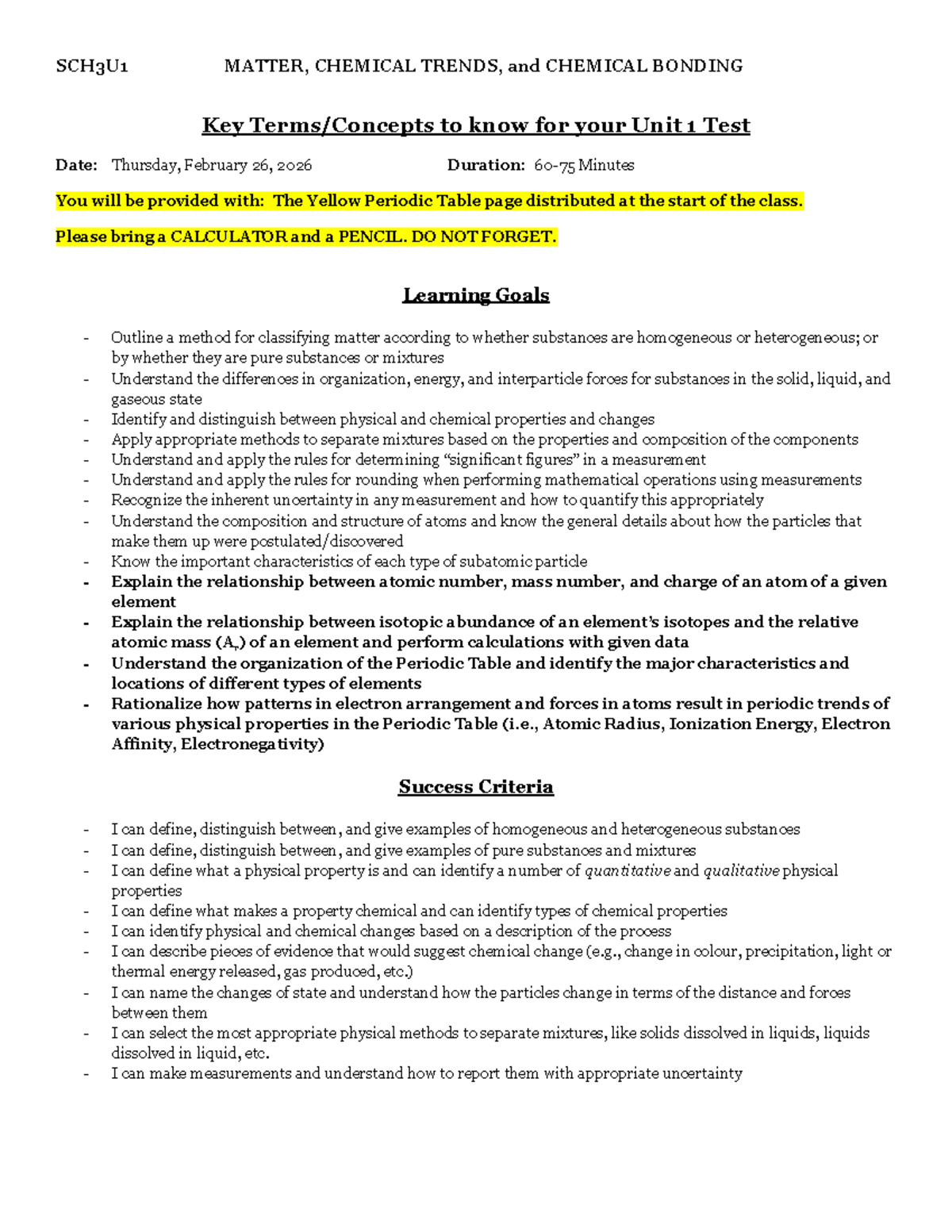 SCH3U1 Unit 1 Test Review: Matter, Trends & Bonding 2025-2026 - Studocu