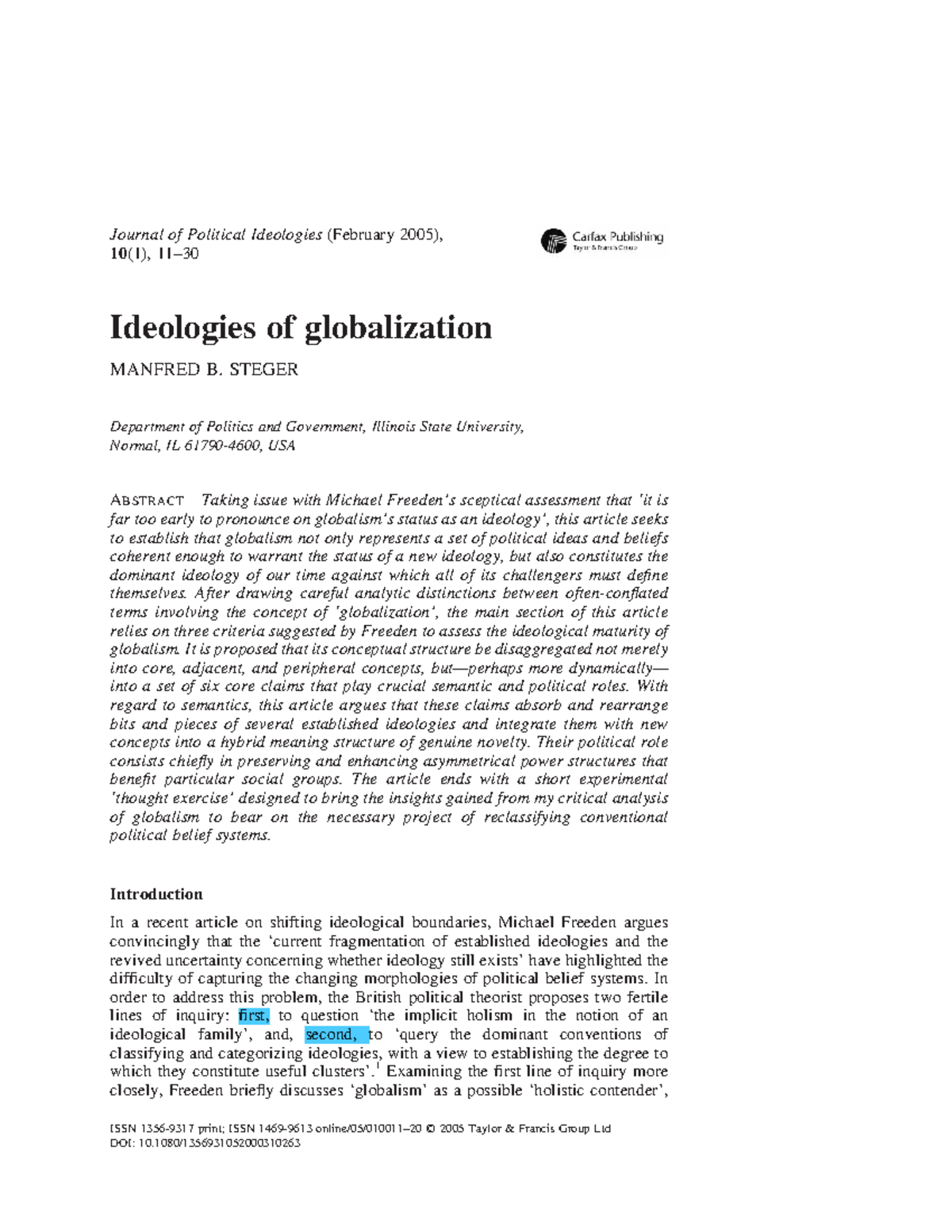 Week 1-2 Ideologies of Globalization: Analysis by Manfred B. Steger ...