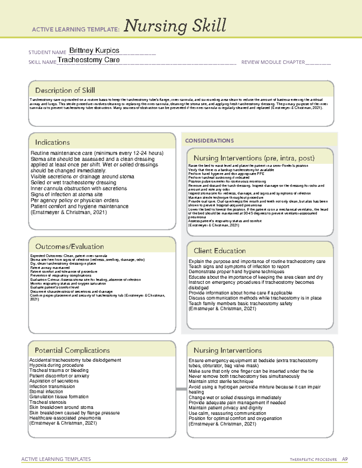 ACTIVE LEARNING TEMPLATE: Nursing Skill A9 - Tracheostomy Care - Studocu