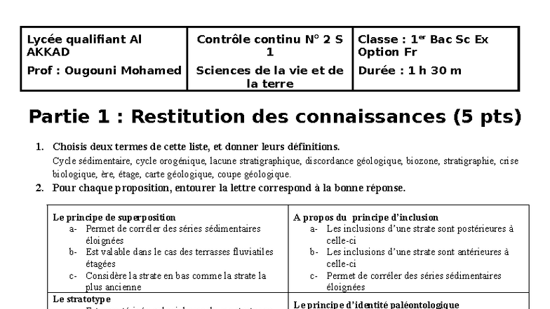 Devoir N2 Semestre 1 SVT 2eme Bac PC - Contrôle Continu 2 - Studocu