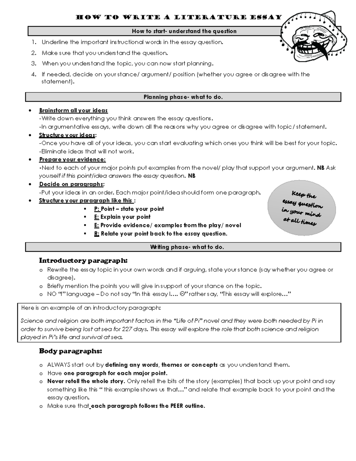 2018 Literature Essay Writing Guide: Understanding the Question - Studocu