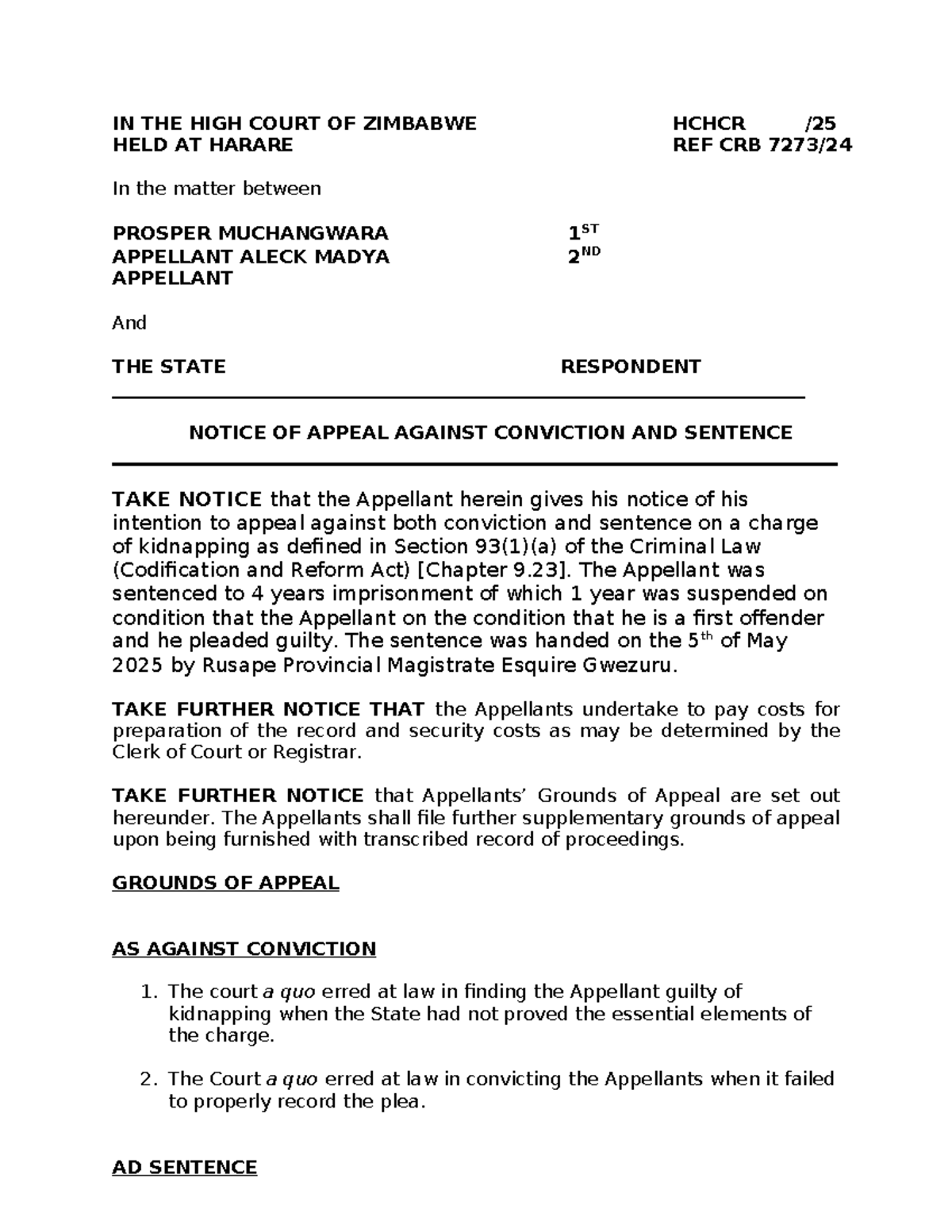 Notice of Appeal Against Conviction & Sentence - HCHCR CRB - Studocu