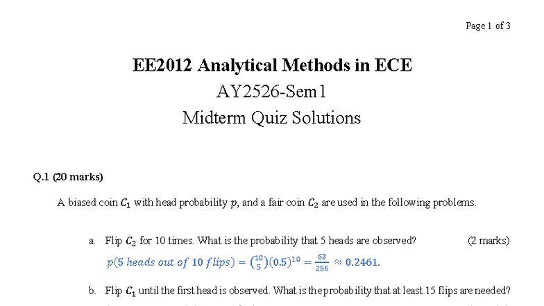 EE2012 Analytical Methods in ECE Midterm Quiz Solutions - Studocu