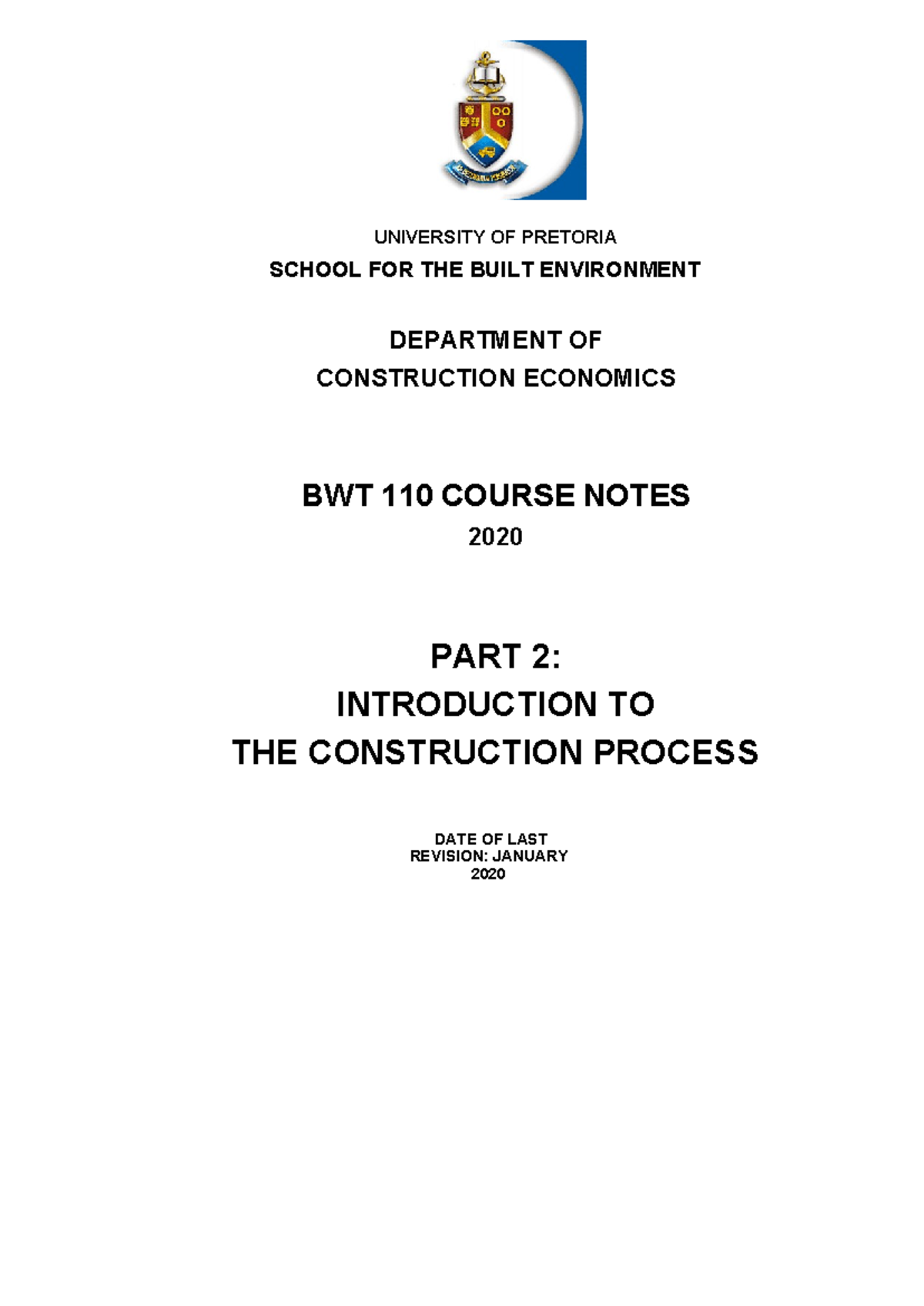 BWT 110 Course Notes: Introduction to the Construction Process - Studocu