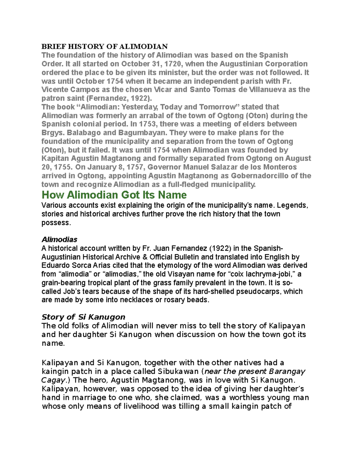 Alimodian: A Brief Historical Overview and Cultural Heritage - Studocu