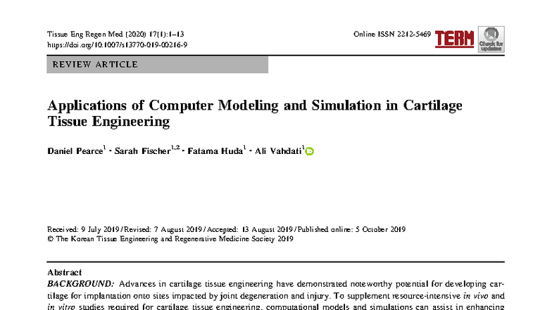 Applications of Computer Modeling in Cartilage Tissue Engineering (ENGR ...