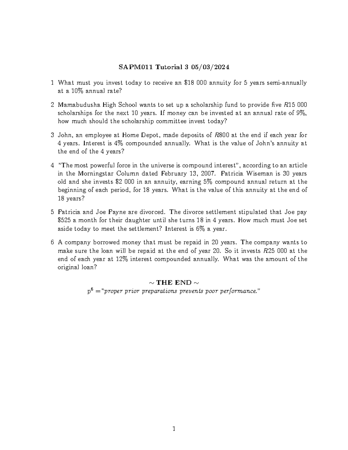 SAPM011 Tutorial 4 - Investment Annuity Calculations and Notes - Studocu