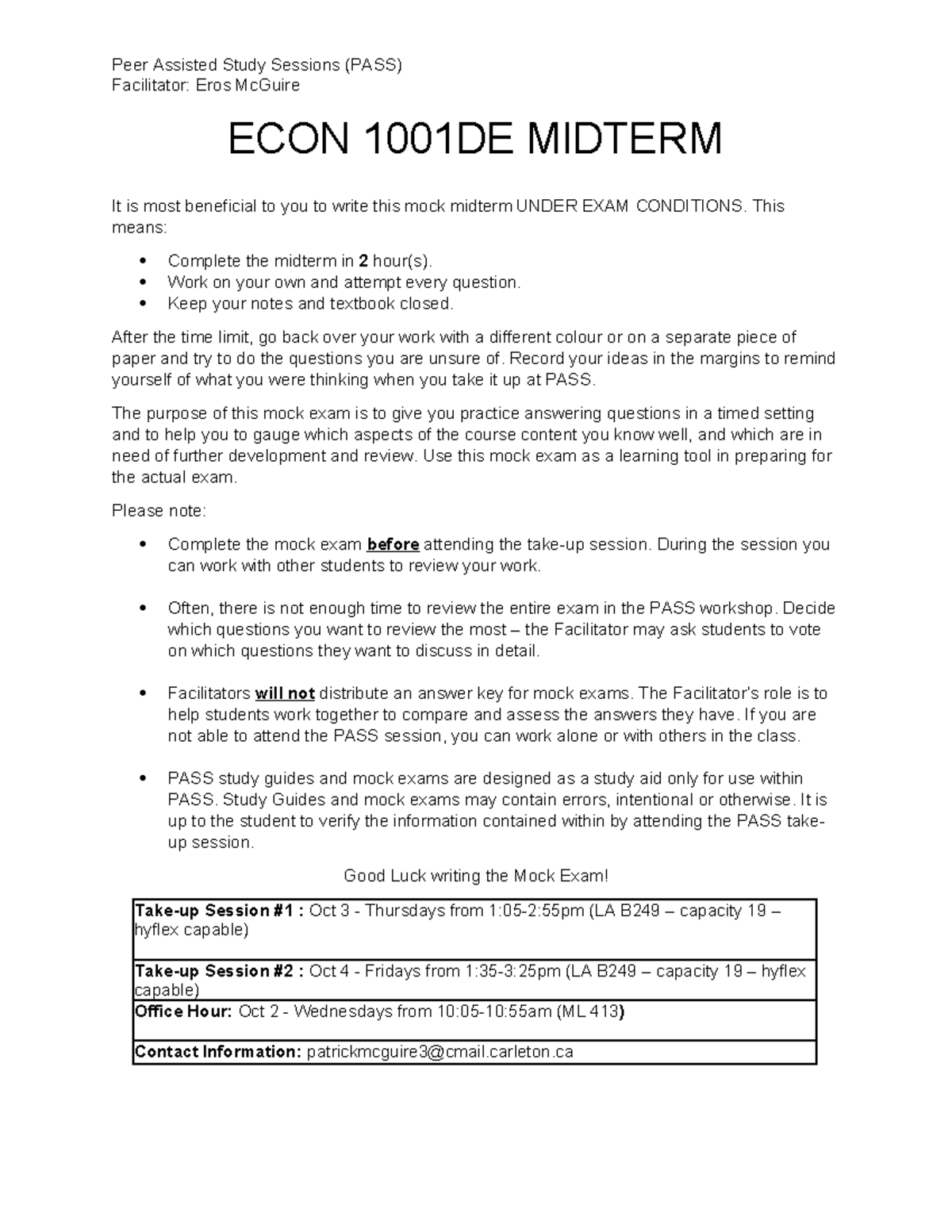 ECON 1001DE MIDTERM: Peer Assisted Study Sessions (PASS) Mock Exam ...