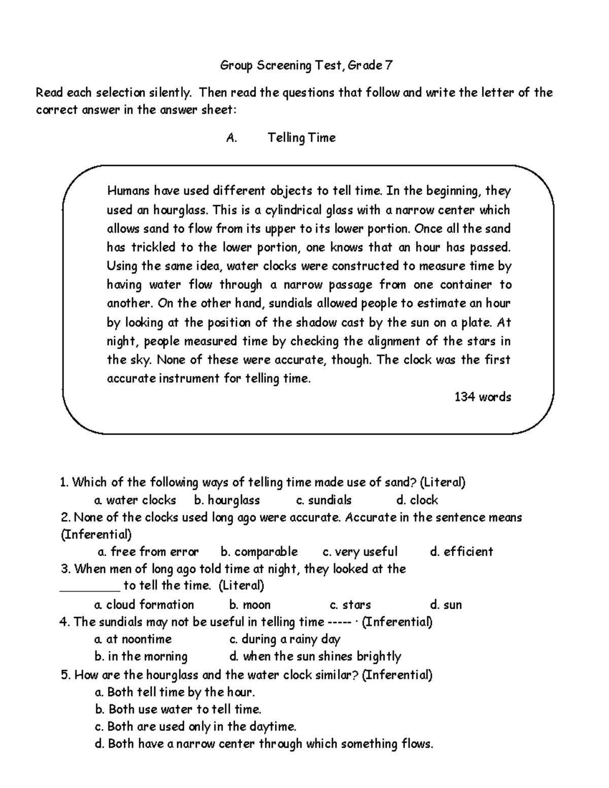 GST English Grade 7 Group Screening Test - Time and Nosebleeds - Studocu