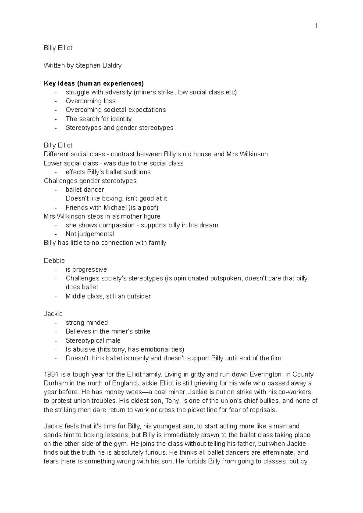 Key Themes and Analysis in Billy Elliot (ENG 101) - Studocu