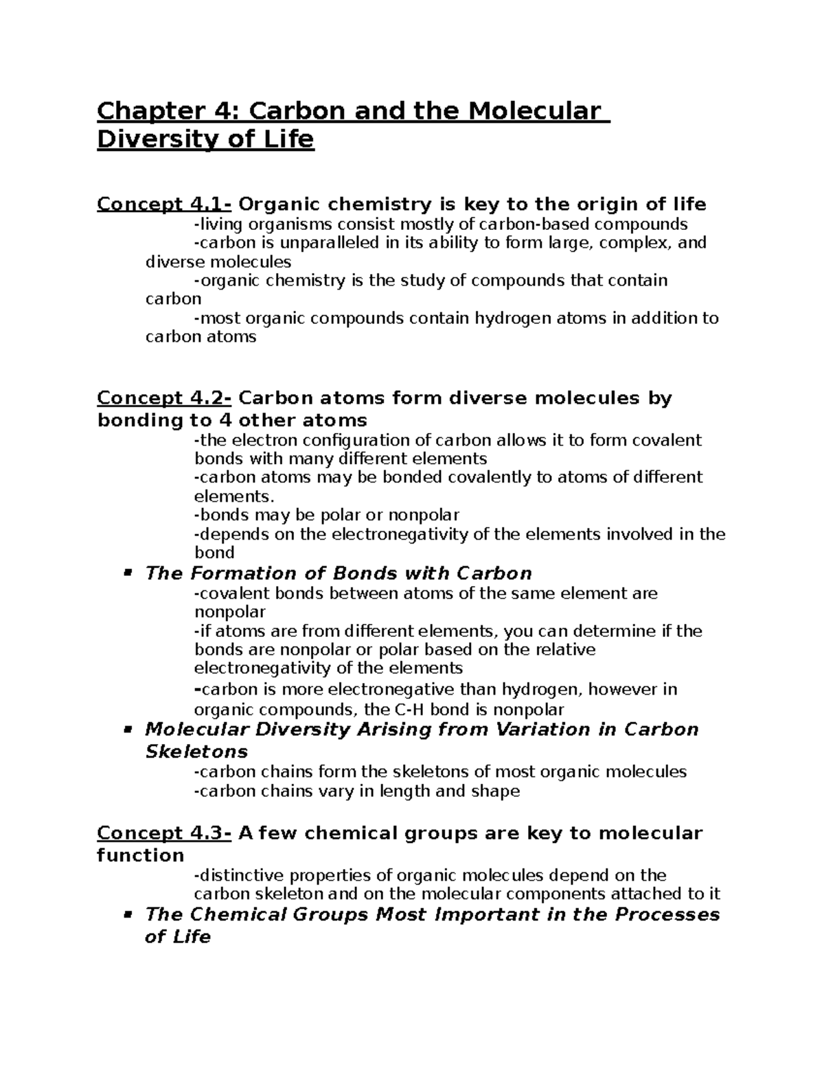 Chapter 4 Bio Notes: Carbon's Role in Molecular Diversity - Prof ...