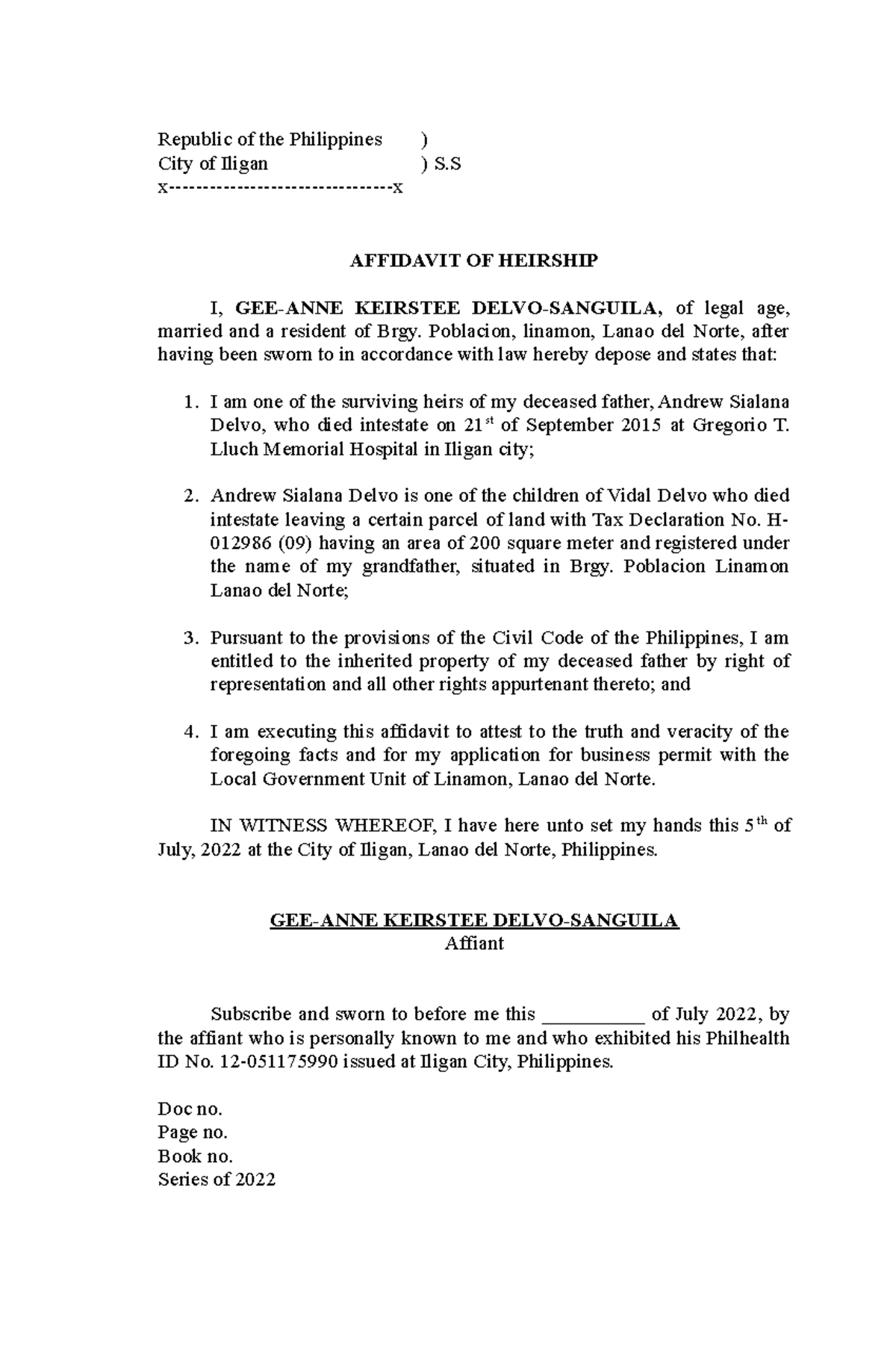 Affidavit of Heirship - Legal Document for Inheritance Verification ...