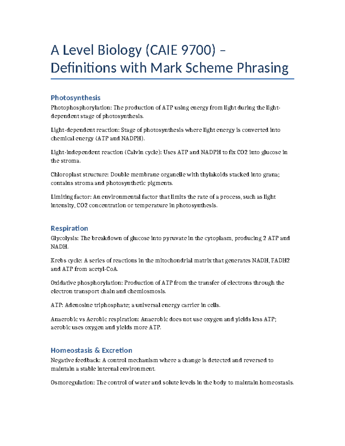 A Level Biology (CAIE 9700) Key Definitions & Mark Scheme Insights ...
