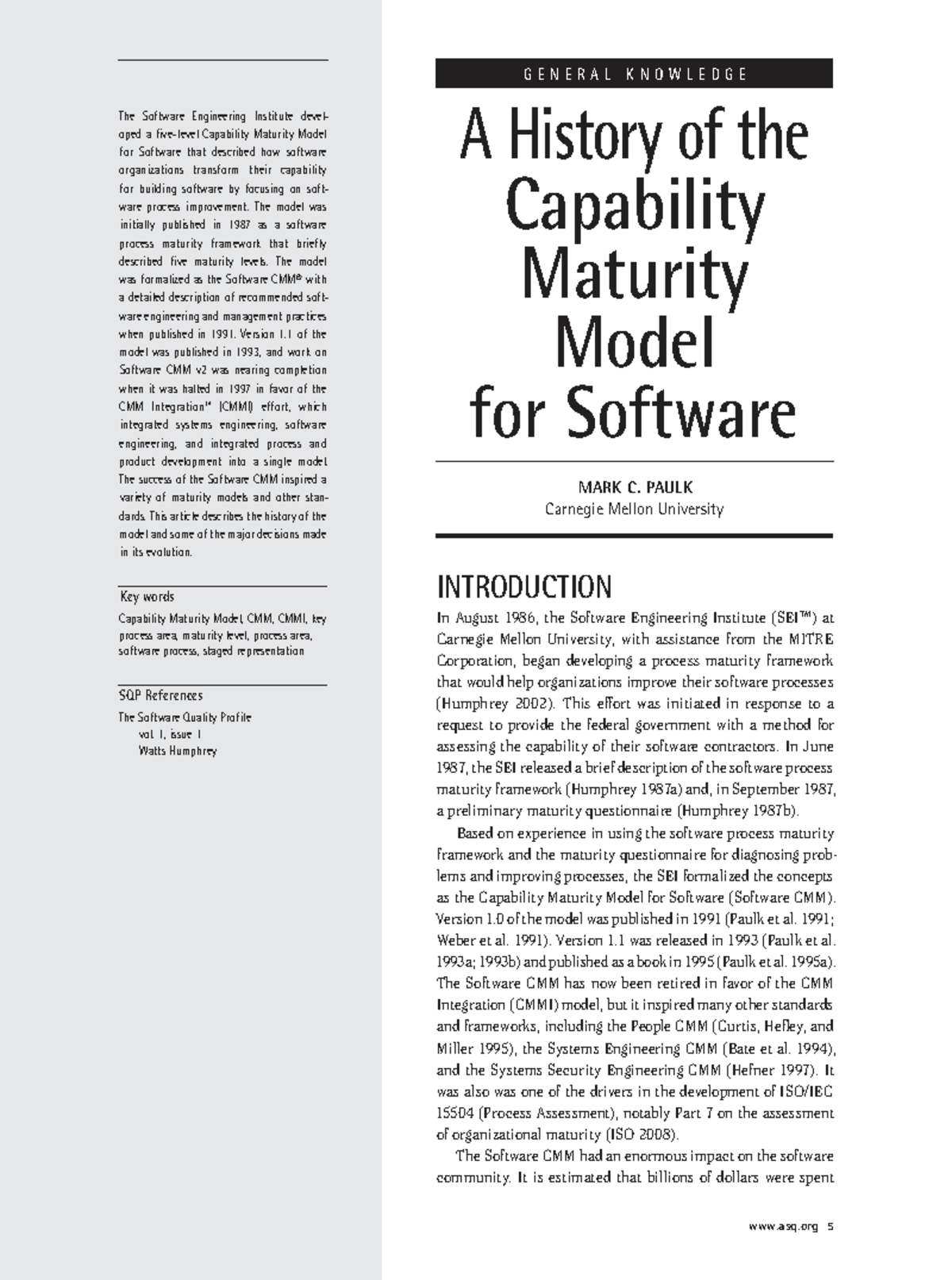 A History of the Capability Maturity Model for Software (CMM) - Studocu