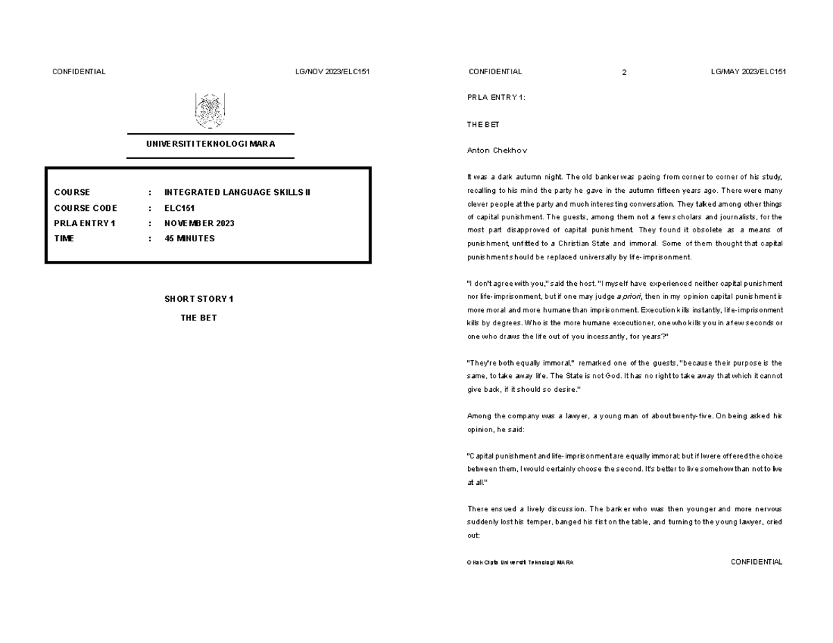 ELC151 Integrated Language Skills II: The Bet - Writing Test Notes ...