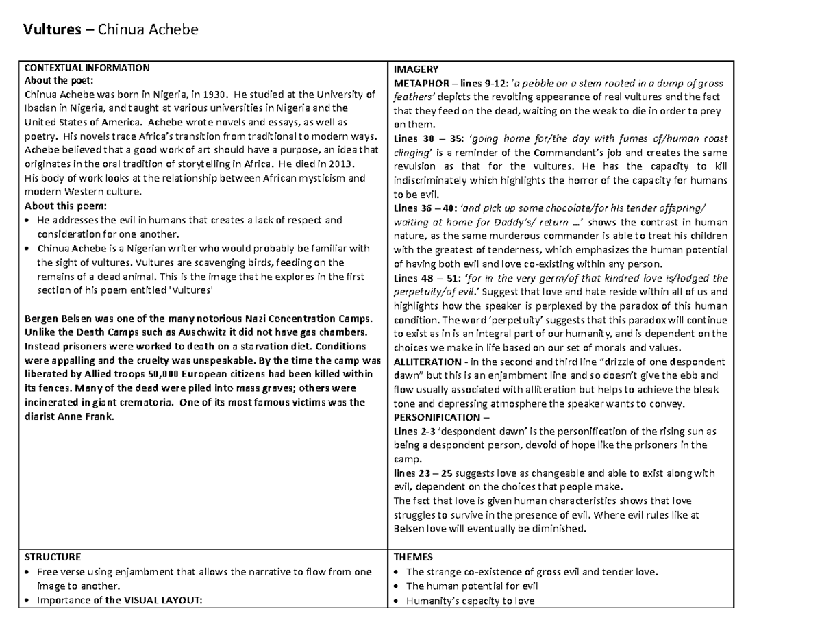 English Vultures Analysis: A Study of Chinua Achebe's Poem - Studocu
